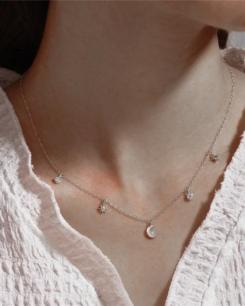 Classic 925 Silver Sun Moon Stars Charm Necklace Women Jewelry