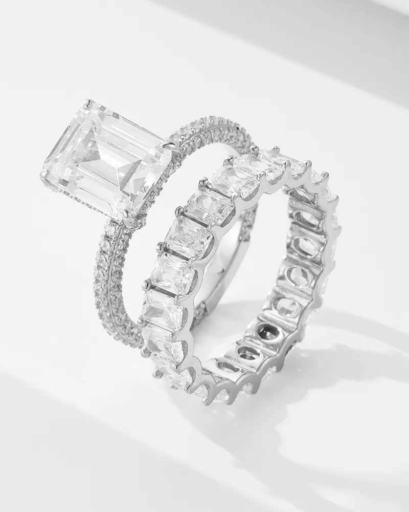 Elegant Emerald Cut CZ Rings Wedding Set Pave Setting Eternity Band