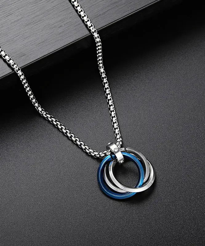 Triple Ring Pendant Mens Stainless Steel Chain Necklace