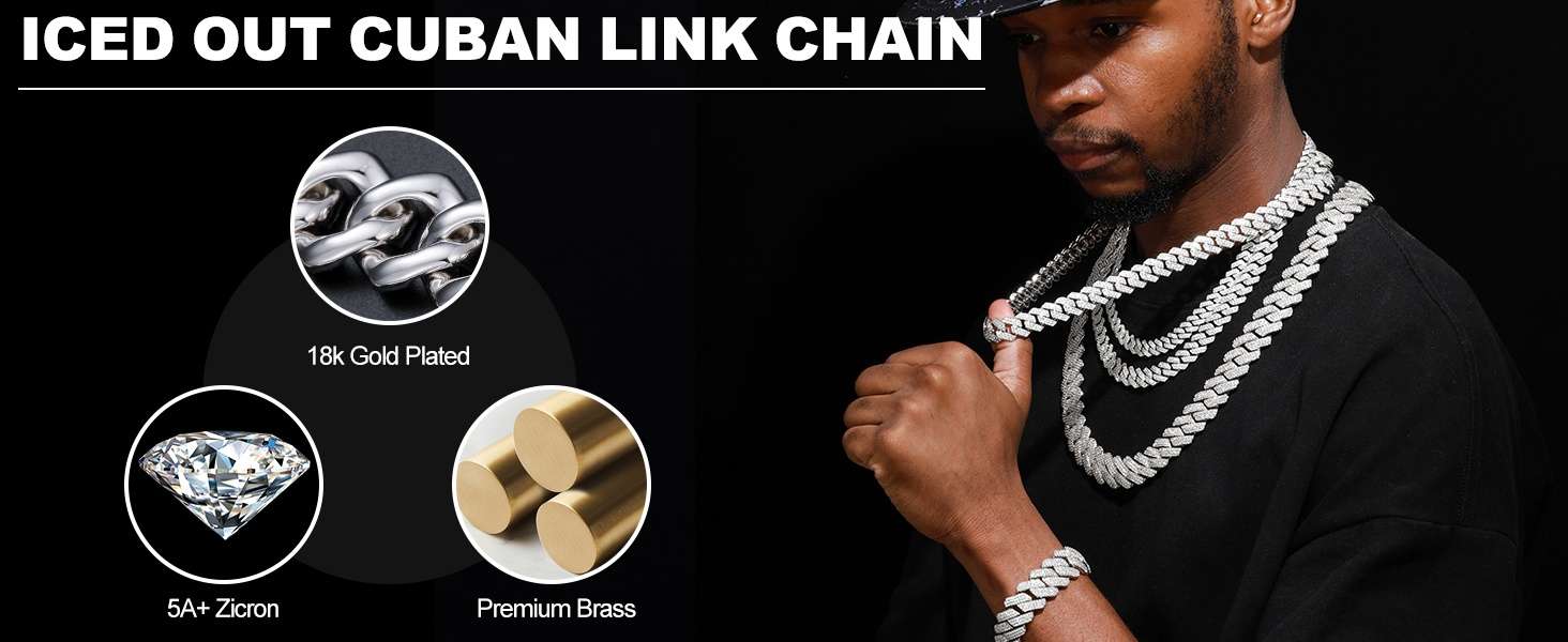 Hip Hop 8mm-20mm Iced Out Cuban Link Chain With Zircon Diamond For Men